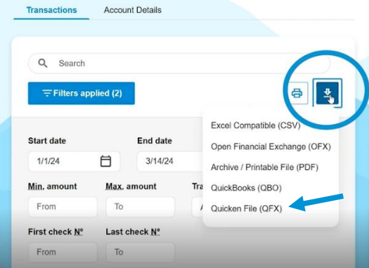 How do I download transactions on Blue Digital into a Quicken file ...